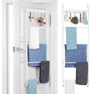 over the door towel rack, 5-tier towel racks for bathroom door hanging, bathroom back of door towel bar, door blanket holder for clothes, washcloths,hand towels, loofahs and sponges,white