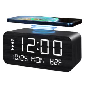 Digital Alarm Clock, with Wooden Electronic LED Time Display, 3 Alarm Settings, 10W Wireless charging, Day of the week, Temperature Detect, Wood Made Digital Clocks for Office, Bedroom, Bedside, Black