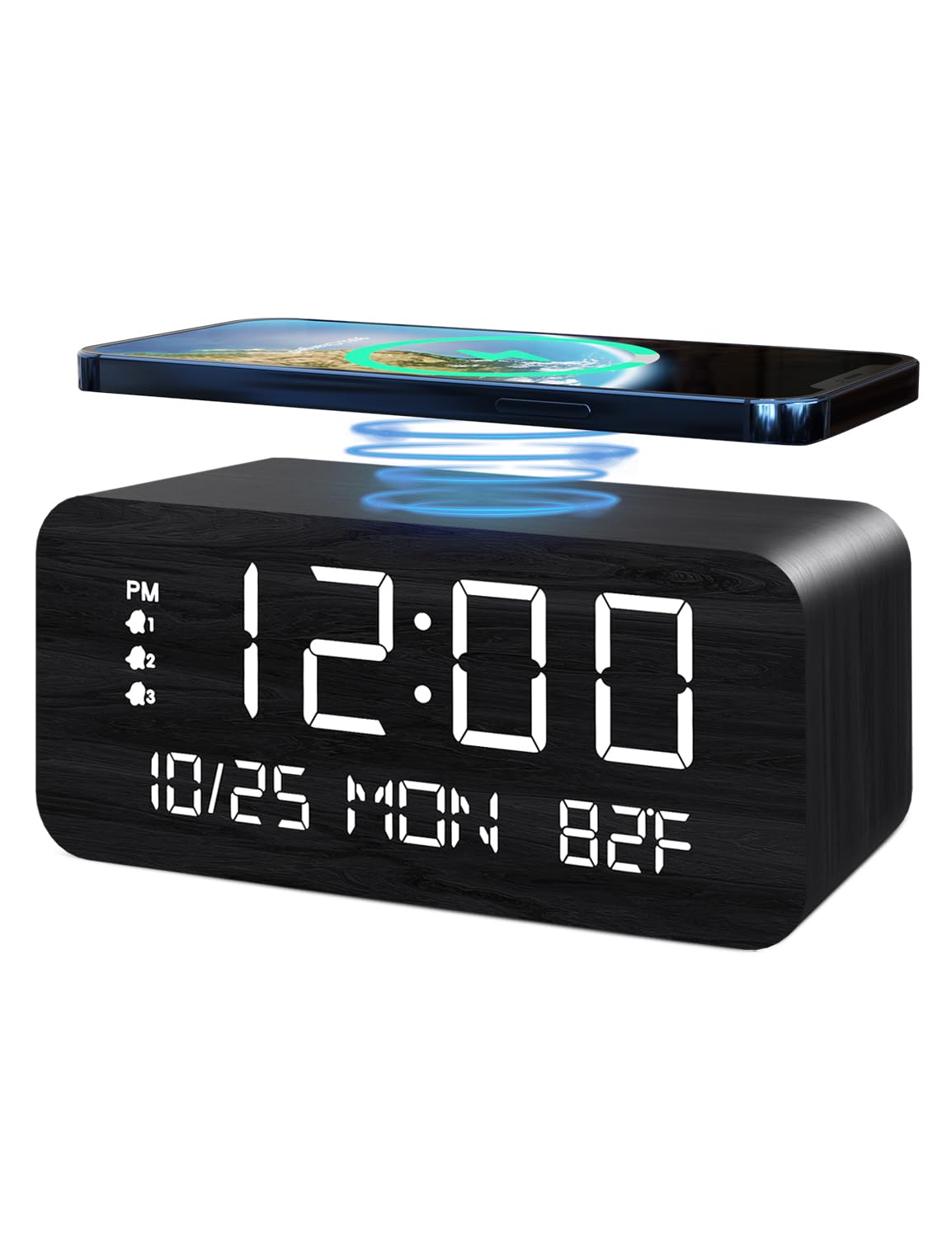 Digital Alarm Clock, with Wooden Electronic LED Time Display, 3 Alarm Settings, 10W Wireless charging, Day of the week, Temperature Detect, Wood Made Digital Clocks for Office, Bedroom, Bedside, Black