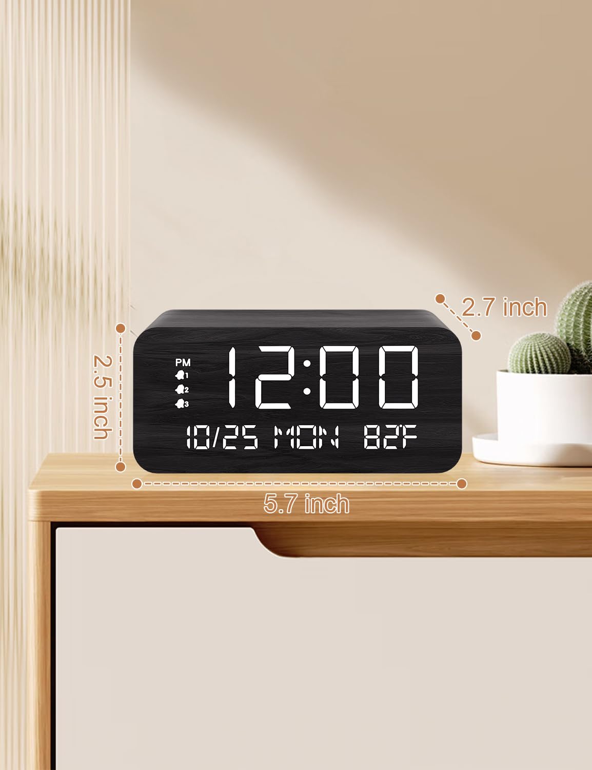 Digital Alarm Clock, with Wooden Electronic LED Time Display, 3 Alarm Settings, 10W Wireless charging, Day of the week, Temperature Detect, Wood Made Digital Clocks for Office, Bedroom, Bedside, Black