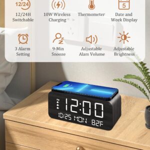 Digital Alarm Clock, with Wooden Electronic LED Time Display, 3 Alarm Settings, 10W Wireless charging, Day of the week, Temperature Detect, Wood Made Digital Clocks for Office, Bedroom, Bedside, Black