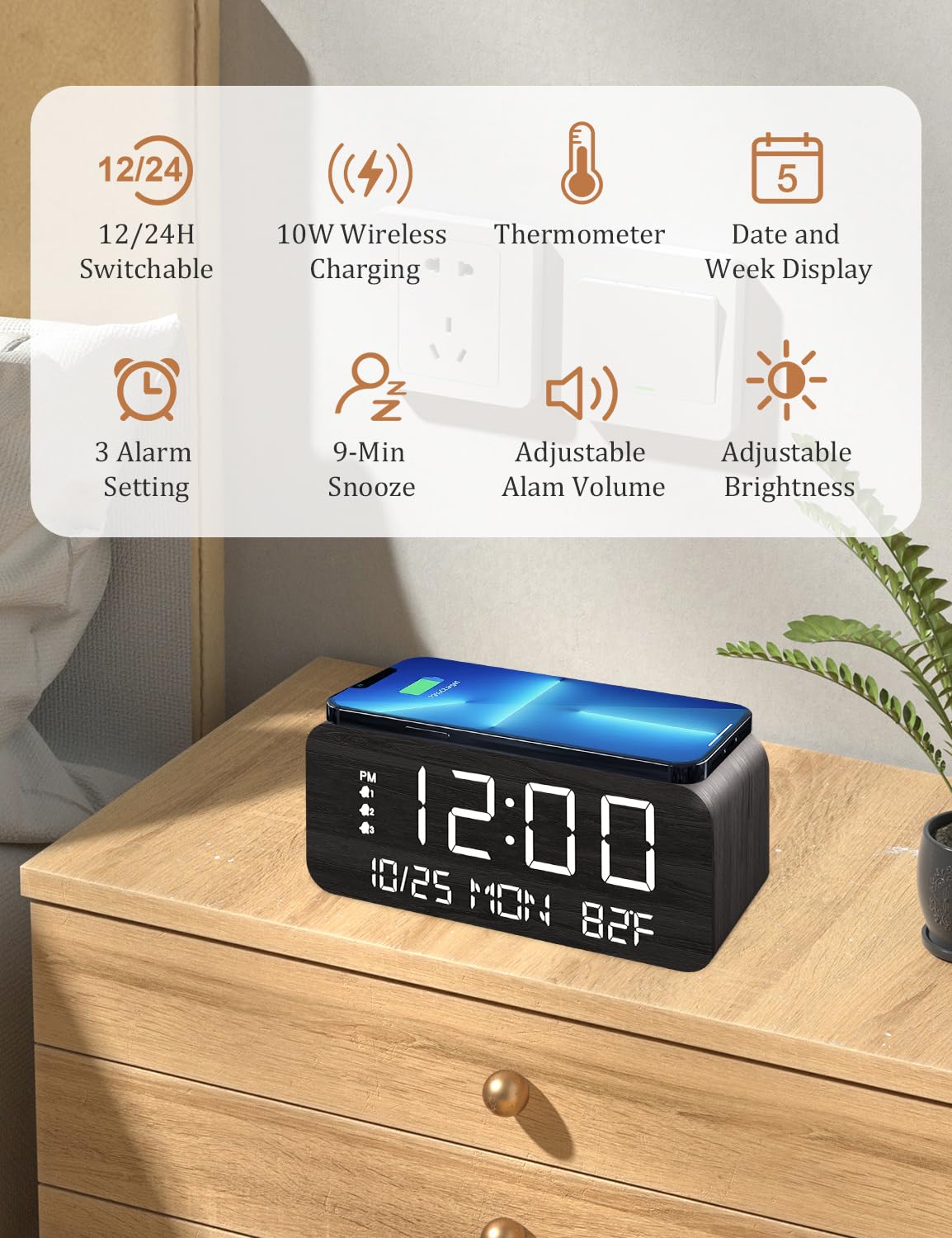 Digital Alarm Clock, with Wooden Electronic LED Time Display, 3 Alarm Settings, 10W Wireless charging, Day of the week, Temperature Detect, Wood Made Digital Clocks for Office, Bedroom, Bedside, Black