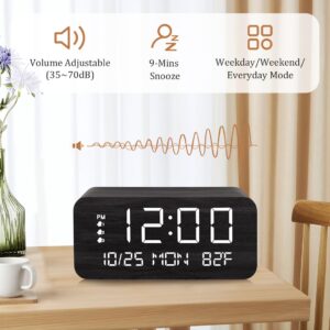 Digital Alarm Clock, with Wooden Electronic LED Time Display, 3 Alarm Settings, 10W Wireless charging, Day of the week, Temperature Detect, Wood Made Digital Clocks for Office, Bedroom, Bedside, Black