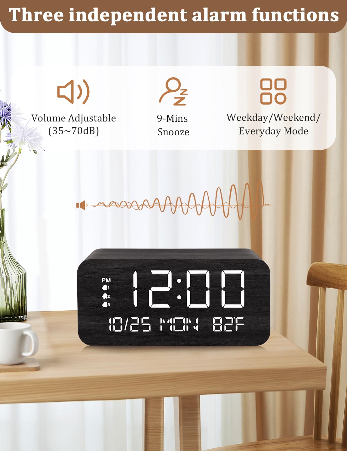 Digital Alarm Clock, with Wooden Electronic LED Time Display, 3 Alarm Settings, 10W Wireless charging, Day of the week, Temperature Detect, Wood Made Digital Clocks for Office, Bedroom, Bedside, Black