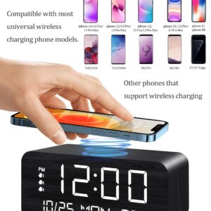 Digital Alarm Clock, with Wooden Electronic LED Time Display, 3 Alarm Settings, 10W Wireless charging, Day of the week, Temperature Detect, Wood Made Digital Clocks for Office, Bedroom, Bedside, Black