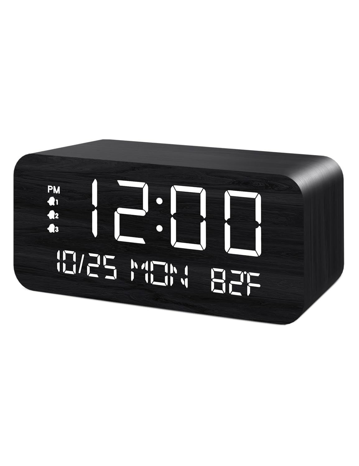 Digital Alarm Clock, with Wooden Electronic LED Time Display, 3 Alarm Settings, 10W Wireless charging, Day of the week, Temperature Detect, Wood Made Digital Clocks for Office, Bedroom, Bedside, Black