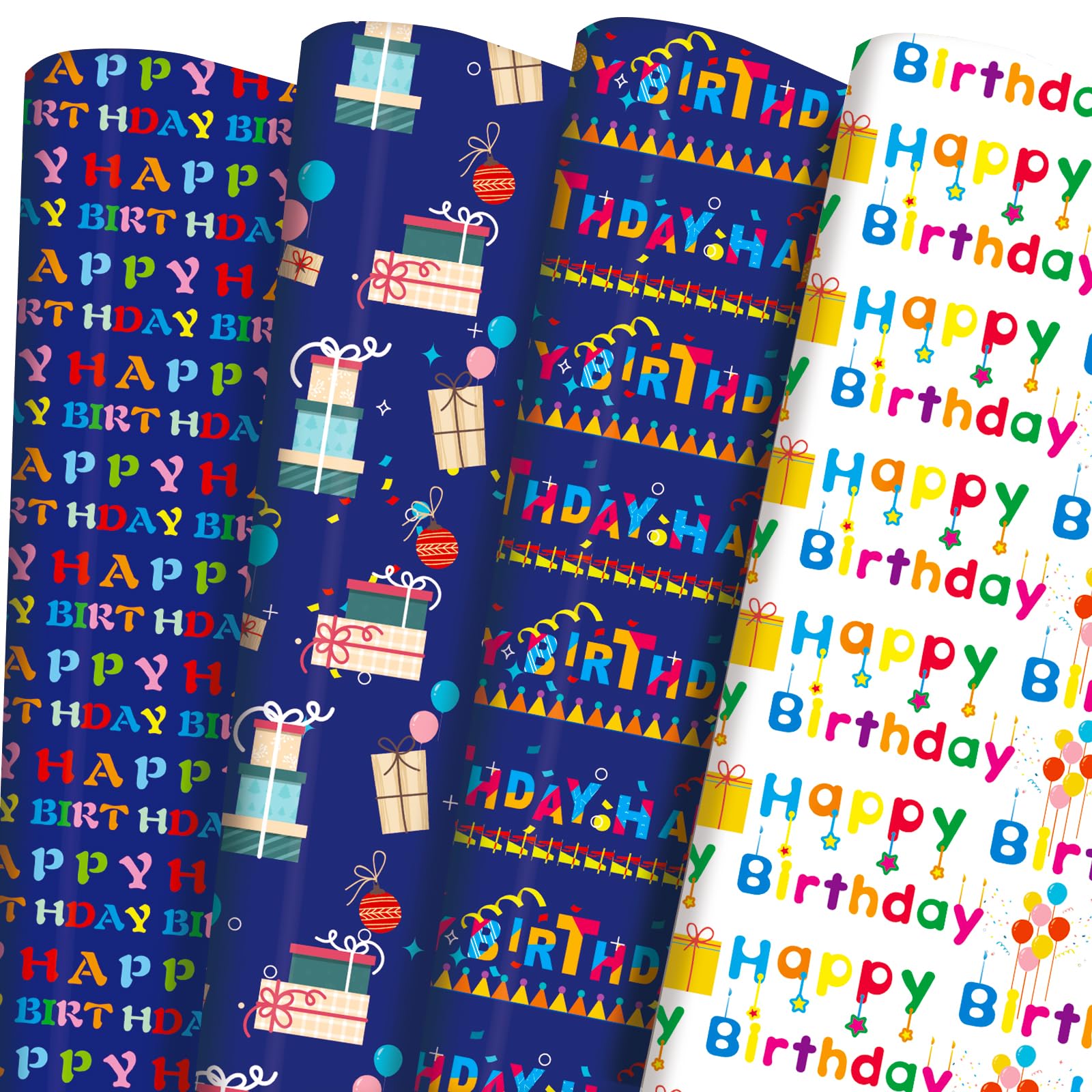 PlandRichW Birthday Wrapping Paper 12 sheets Folded Happy Birthday Gift Wrapping Paper for Kids Boys Girls Men Women Baby 4 Style Colorful Birthday Greeting Gift Wrap Paper 20 X 29 Inches