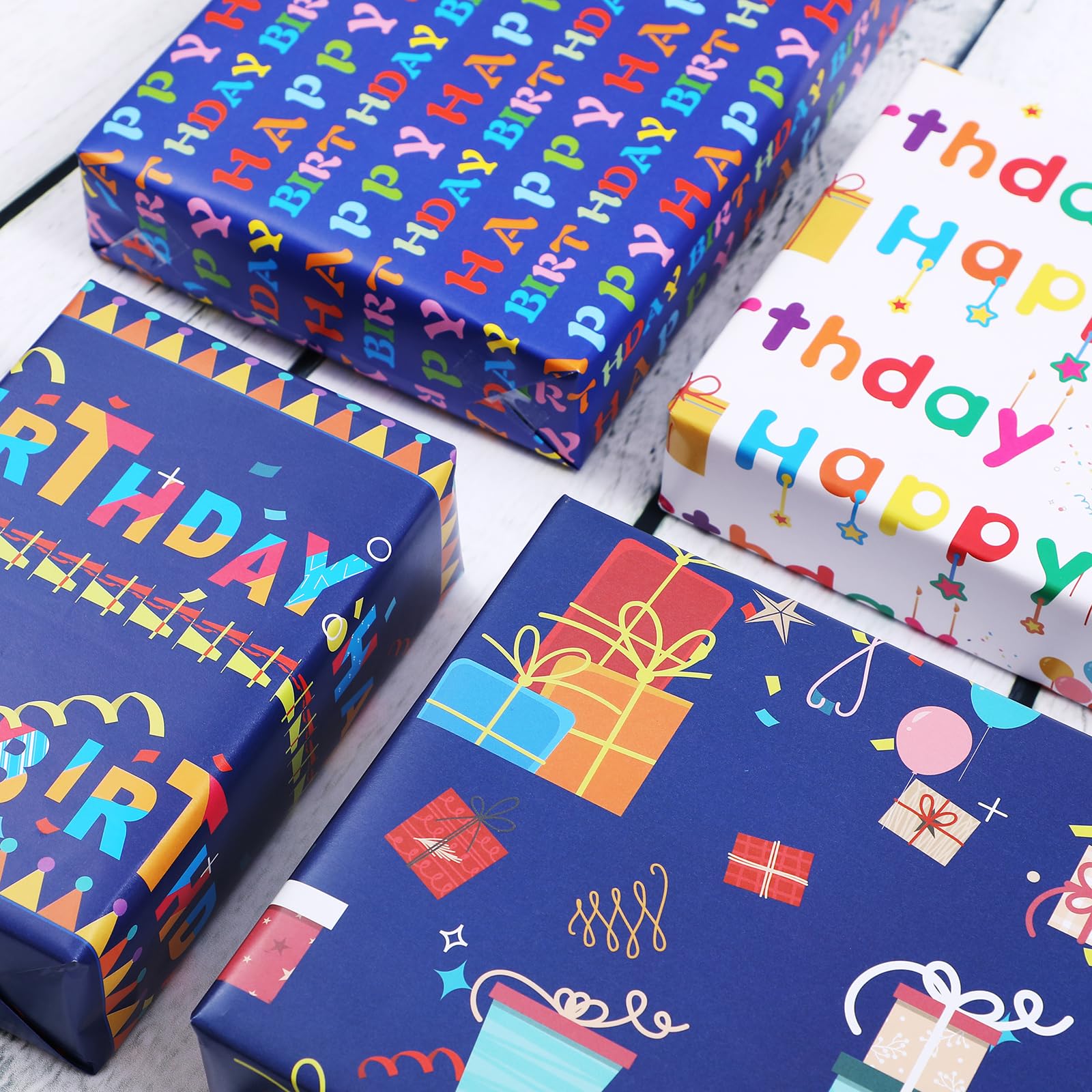 PlandRichW Birthday Wrapping Paper 12 sheets Folded Happy Birthday Gift Wrapping Paper for Kids Boys Girls Men Women Baby 4 Style Colorful Birthday Greeting Gift Wrap Paper 20 X 29 Inches