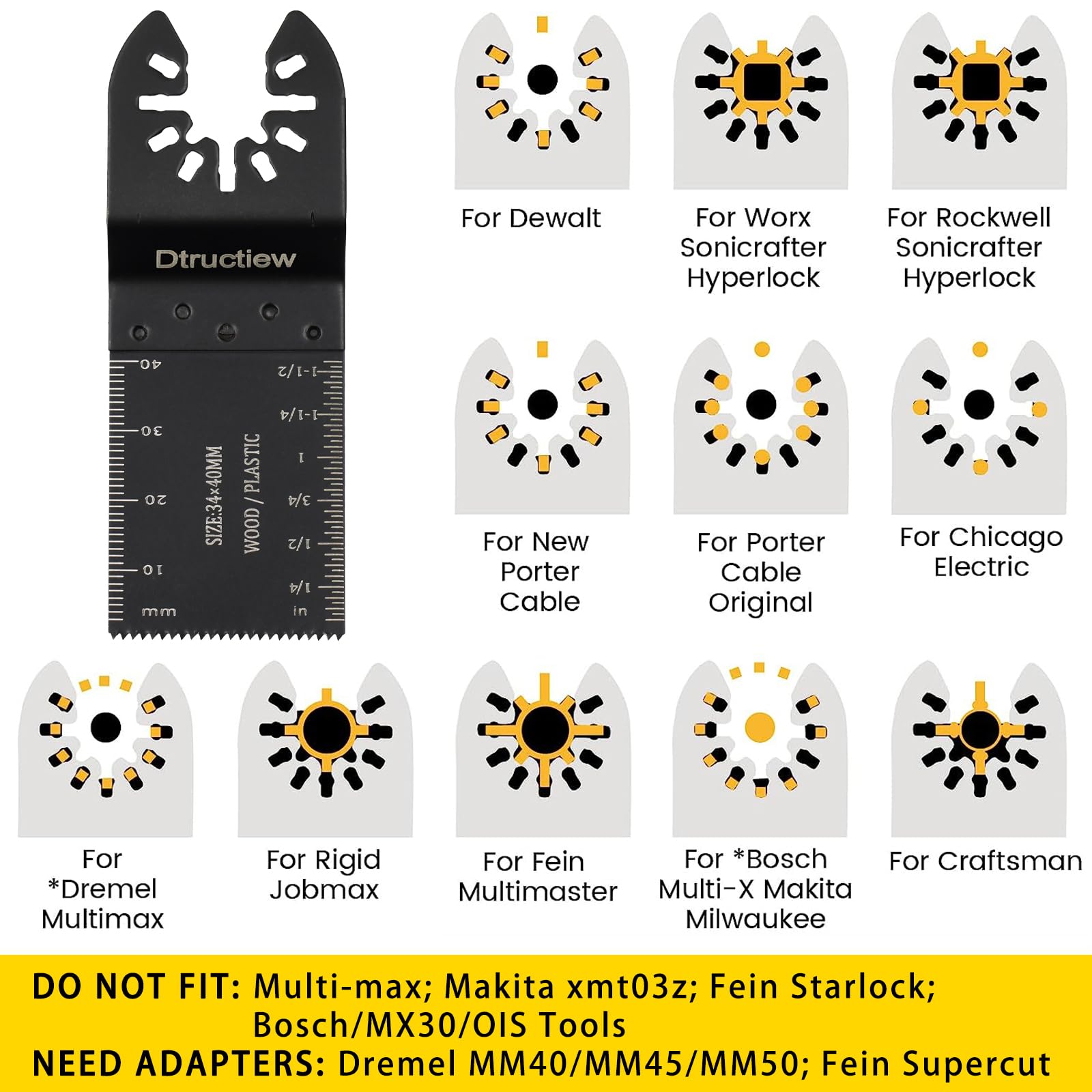 DTRUCTIEW Oscillating Saw Blades, Quick Release Multi Tool Blades Kits Universal Oscillating Tool Blades Compatible with Dewalt, Ryobi, Makita, Bosch, Craftsman (100 Pieces)