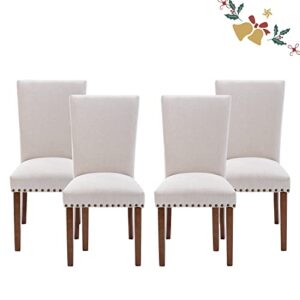 parsons dining chairs set of 4, upholstered nailhead dining room kitchen side chair with thick cushions and wood legs, beige