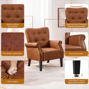 Yaheetech Modern Armchair, Mid Century PU Leather Accent chair with Sturdy Wood Legs and High Back for Small Space, Upholstered Sofa Club Chair for Living Room/Bedroom/Office, Retro Brown