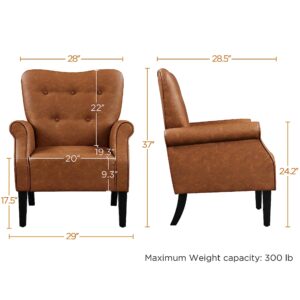 Yaheetech Modern Armchair, Mid Century PU Leather Accent chair with Sturdy Wood Legs and High Back for Small Space, Upholstered Sofa Club Chair for Living Room/Bedroom/Office, Retro Brown