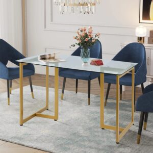 FurnitureR Tempered Glass Dining 47.2 inches Dinner Table for 4-6 Persons Modern Rectangular Spacious Tabletop & Gold Legs Elegant for Home Kitchen Living Room Restaurant, 47 Inches