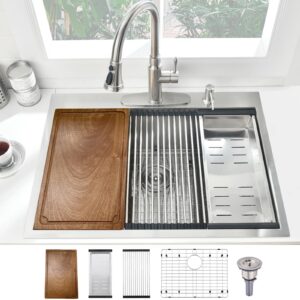 33-inch drop in kitchen sink workstation, boomhoze 33x19 topmount drop-in kitchen sink 16 gauge stainless steel kitchen sink handmade single bowl deep kitchen sink with cutting board