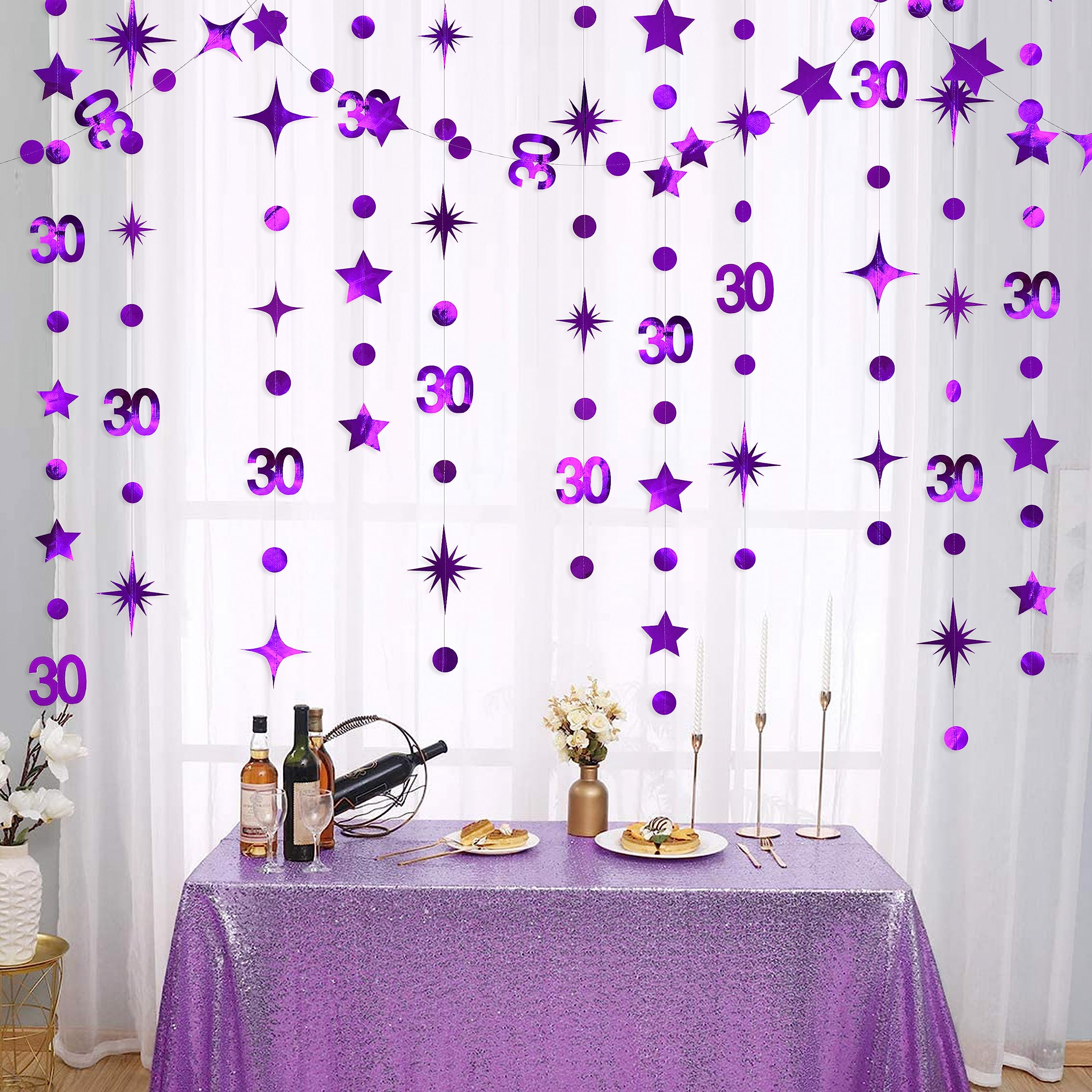 Purple 30th Birthday Decorations Number 30 Circle Dot Twinkle Star Garland Metallic Hanging Streamer Bunting Banner Backdrop for Women Mens Dirty Thirty Cheers to 30 Years Anniversary Party Supplies