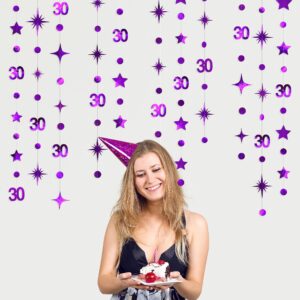 Purple 30th Birthday Decorations Number 30 Circle Dot Twinkle Star Garland Metallic Hanging Streamer Bunting Banner Backdrop for Women Mens Dirty Thirty Cheers to 30 Years Anniversary Party Supplies