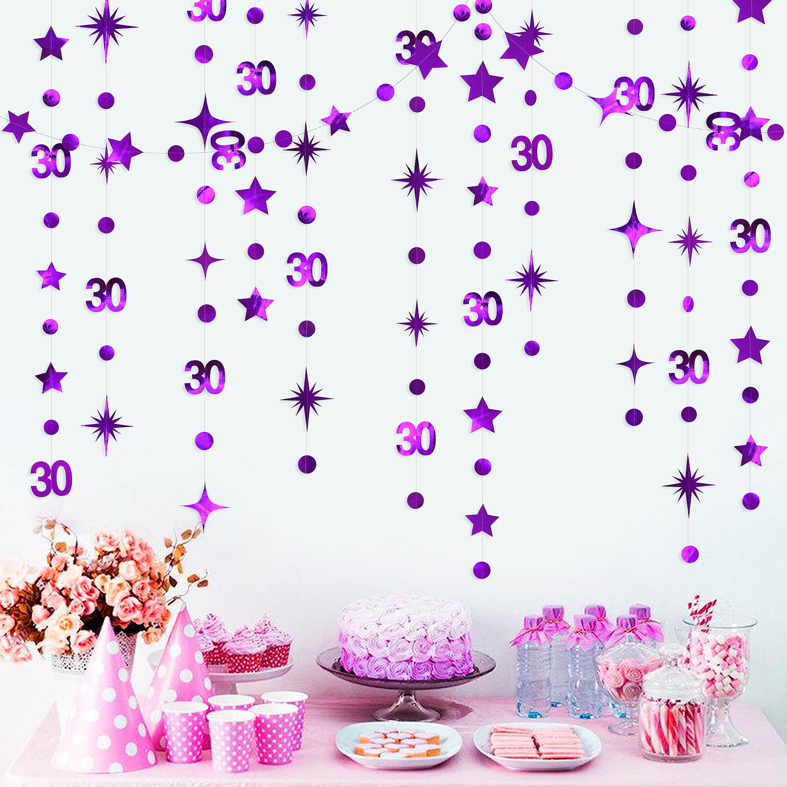 Purple 30th Birthday Decorations Number 30 Circle Dot Twinkle Star Garland Metallic Hanging Streamer Bunting Banner Backdrop for Women Mens Dirty Thirty Cheers to 30 Years Anniversary Party Supplies