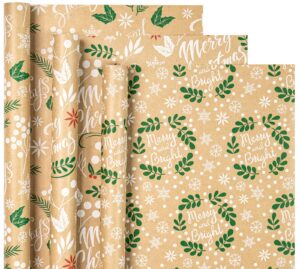 wrapaholic kraft christmas wrapping paper roll - mini roll - 3 rolls - 17 inch x 120 inch per roll - christmas wreath leaves and merry christmas lettering holiday collection