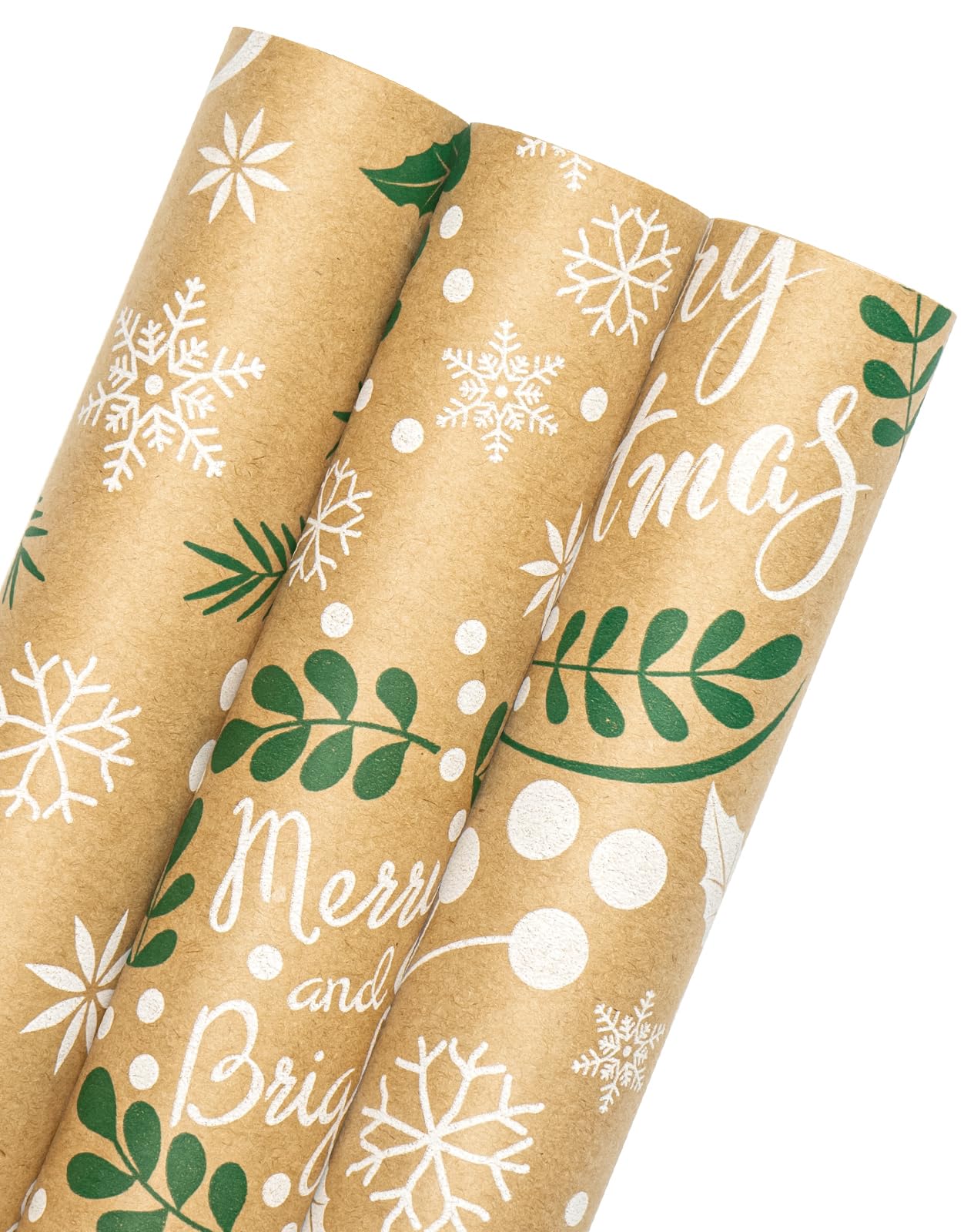 WRAPAHOLIC Kraft Christmas Wrapping Paper Roll - Mini Roll - 3 Rolls - 17 Inch X 120 Inch Per Roll - Christmas Wreath Leaves and Merry Christmas Lettering Holiday Collection