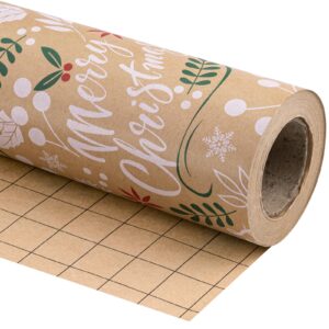 wrapaholic kraft christmas wrapping paper - mini roll - 17 inch x 33 feet - merry christmas lettering with christmas leaves design for chrsitmas, holiday, party celebration