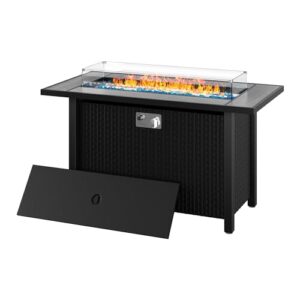 shintenchi 45 inch propane fire pit table with glass window protector, outdoor 50,000 btu steel gas fire pit with lid, glass crystal stone, waterproof cover and rattan pattern for patio, yard, party