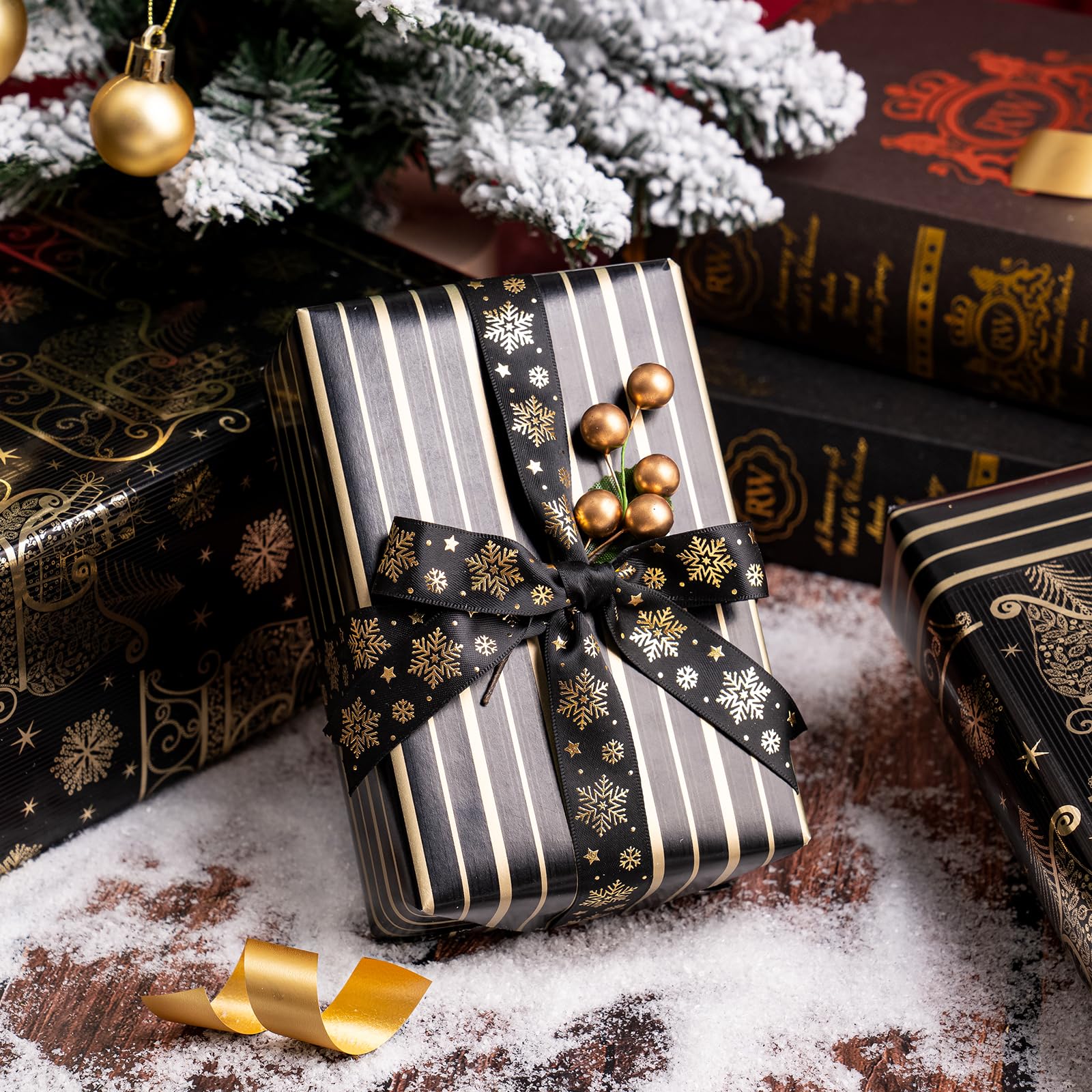 WRAPAHOLIC Reversible Christmas Wrapping Paper - Mini Roll - 17 Inch X 33 Feet - Black and Gold Christmas Sleigh and Stripe with Metallic Foil for Chrsitmas, Holiday, Party Celebration