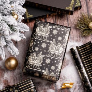 WRAPAHOLIC Reversible Christmas Wrapping Paper - Mini Roll - 17 Inch X 33 Feet - Black and Gold Christmas Sleigh and Stripe with Metallic Foil for Chrsitmas, Holiday, Party Celebration