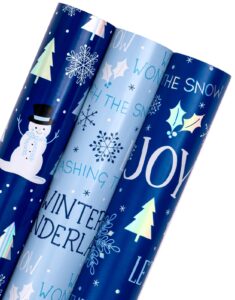 wrapaholic christmas wrapping paper roll - mini roll - 3 rolls - 17 inch x 120 inch per roll - blue and white winter wondland, snowflake, snowman holiday collection with metallic foil shine