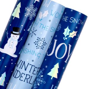 WRAPAHOLIC Christmas Wrapping Paper Roll - Mini Roll - 3 Rolls - 17 Inch x 120 Inch Per Roll - Blue and White Winter Wondland, Snowflake, Snowman Holiday Collection with Metallic Foil Shine