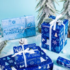 WRAPAHOLIC Christmas Wrapping Paper Roll - Mini Roll - 3 Rolls - 17 Inch x 120 Inch Per Roll - Blue and White Winter Wondland, Snowflake, Snowman Holiday Collection with Metallic Foil Shine