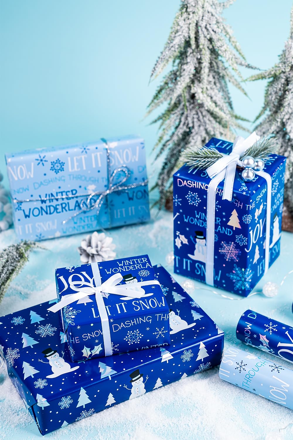 WRAPAHOLIC Christmas Wrapping Paper Roll - Mini Roll - 3 Rolls - 17 Inch x 120 Inch Per Roll - Blue and White Winter Wondland, Snowflake, Snowman Holiday Collection with Metallic Foil Shine