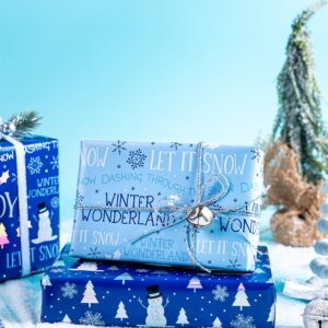 WRAPAHOLIC Christmas Wrapping Paper Roll - Mini Roll - 3 Rolls - 17 Inch x 120 Inch Per Roll - Blue and White Winter Wondland, Snowflake, Snowman Holiday Collection with Metallic Foil Shine