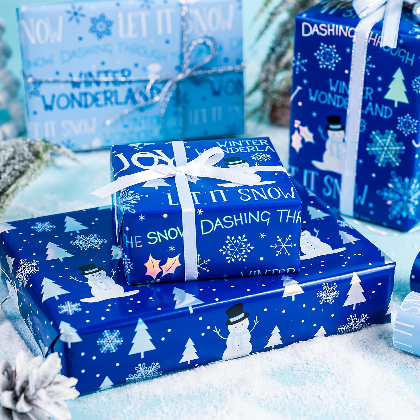 WRAPAHOLIC Christmas Wrapping Paper Roll - Mini Roll - 3 Rolls - 17 Inch x 120 Inch Per Roll - Blue and White Winter Wondland, Snowflake, Snowman Holiday Collection with Metallic Foil Shine