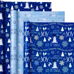 WRAPAHOLIC Christmas Wrapping Paper Roll - Mini Roll - 3 Rolls - 17 Inch x 120 Inch Per Roll - Blue and White Winter Wondland, Snowflake, Snowman Holiday Collection with Metallic Foil Shine