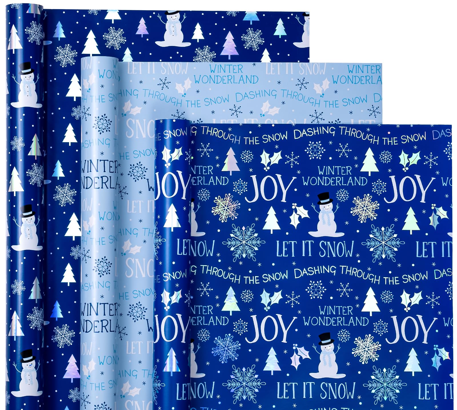 WRAPAHOLIC Christmas Wrapping Paper Roll - Mini Roll - 3 Rolls - 17 Inch x 120 Inch Per Roll - Blue and White Winter Wondland, Snowflake, Snowman Holiday Collection with Metallic Foil Shine