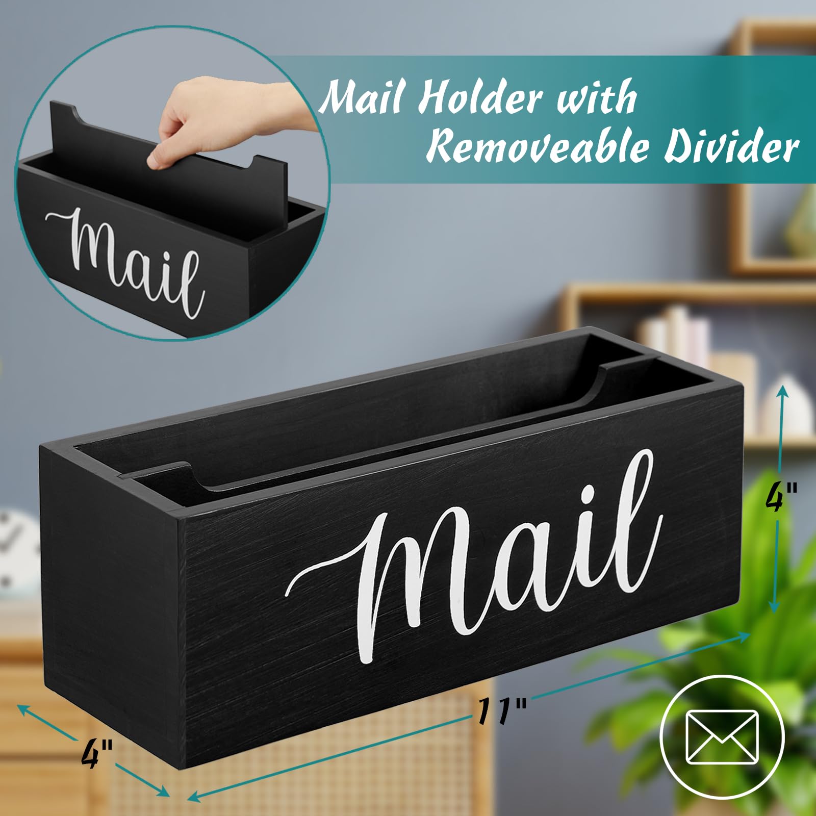 DRASTAR Mail Organizer, Mail Holder with 2 Slots, Mail Basket for Wall Table Countertop, Wood Desk Mail Organizer, Black Envelope Holder for Home Office