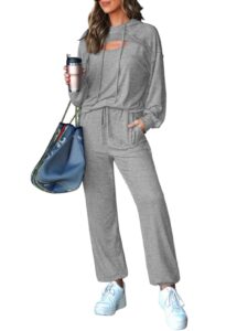 pink queen women's two piece lounge set sweatsuits casual fall cutout pullover hoodies tracksuit ladies running active drawstring pants with pockets light grey l