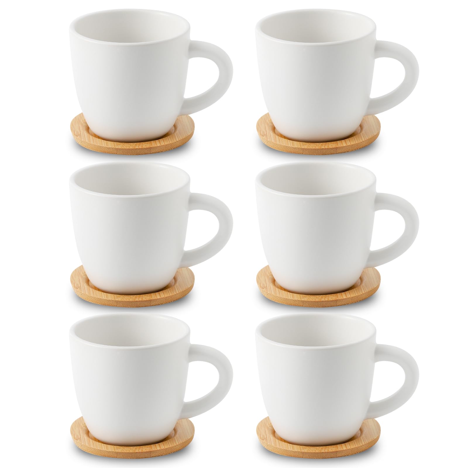 Hasense 8 oz Cappuccino Cups with Saucers set of 6, Porcelain Coffee Mugs Latte Mugs with Handle Perfect for Double Shot, Americano, Milk and Tea, White