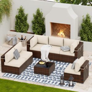 udpatio patio furniture sets, modular rattan outdoor patio sectional furniture sofa set, wicker patio conversation set for backyard, deck w/glass table, 7pc brown/cream (include sofa cover)