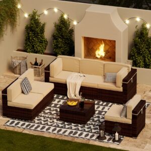 UDPATIO Patio Furniture Sets, Modular Rattan Outdoor Patio Sectional Furniture Sofa Set, Wicker Patio Conversation Set for Backyard, Deck w/Glass Table, 7PC Brown/Cream (Include Sofa Cover)