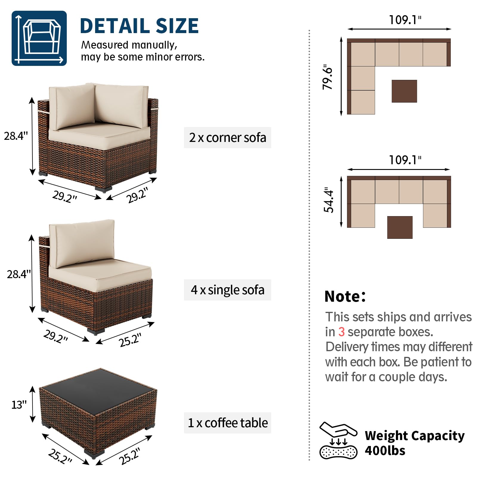 UDPATIO Patio Furniture Sets, Modular Rattan Outdoor Patio Sectional Furniture Sofa Set, Wicker Patio Conversation Set for Backyard, Deck w/Glass Table, 7PC Brown/Cream (Include Sofa Cover)