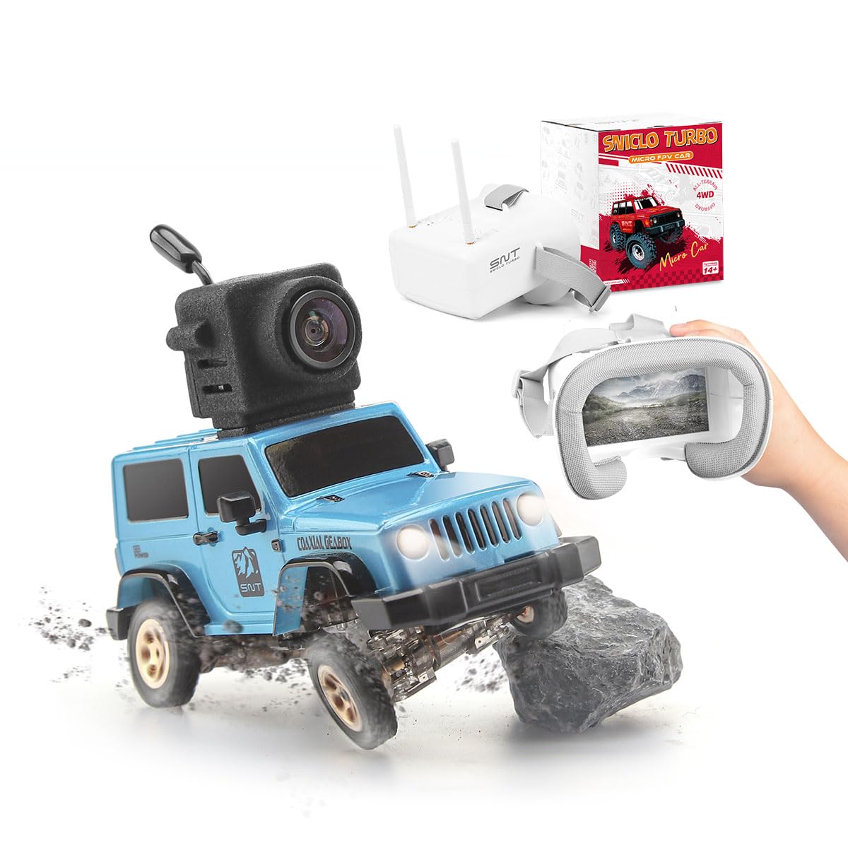 SNICLO 1:64 Scale Jeep Wrangler Remote Control Car Off-Road Series,Rc Car with Camera and FPV Goggles,30 minutes of use in FPV mode(3010-Blue)