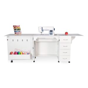 arrow classic sewing furniture harriet full-size sewing cabinet with hydraulic machine lift, drawers, expandable leaves, locking wheels - ash white