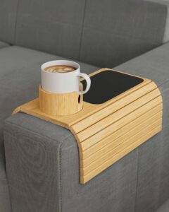 bs-vog couch cup holder, bamboo couch arm tray with 360° rotating drink holder, foldable anti-slip couch arm table, sofa armrest tray clip on wide couches for eating, snacks, remote, no installation