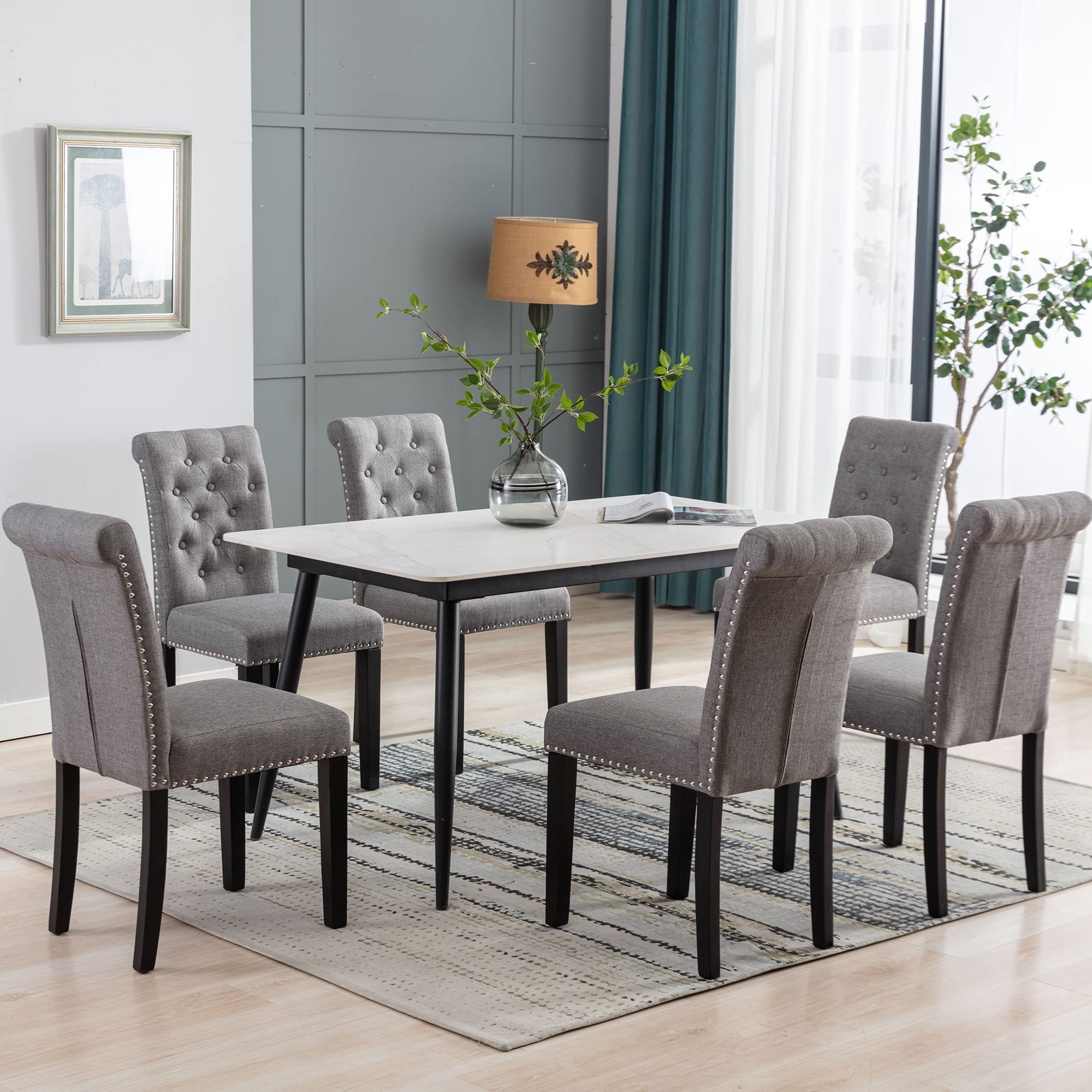 KCC Dining Chairs Set of 4 - Modern Armless Chairs, Upholstered Tufted High Back Kitchen Chairs with Black Legs for Dining Room, Gray