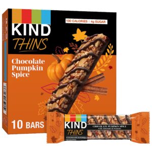 kind thins chocolate pumpkin spice with almonds & peanuts, gluten free, 100 calorie, healthy snacks (pack of 1, 10 count total)