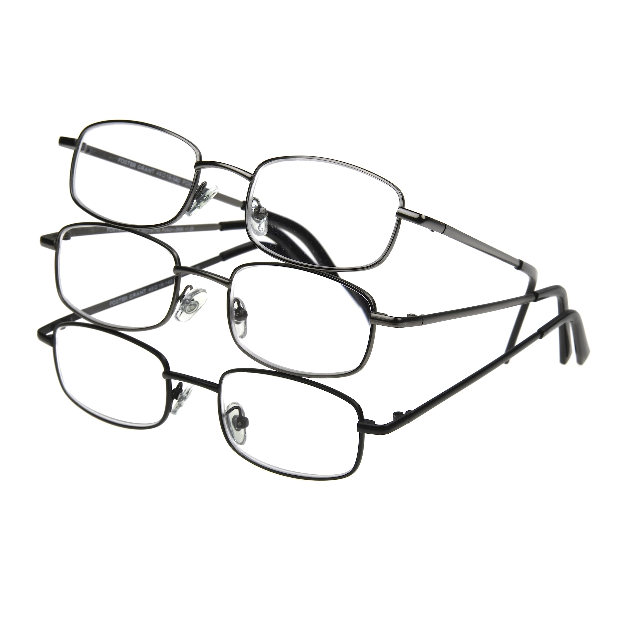 Foster Grant Men's Council Rectangular Reading Glasses, Gunmetal and Black, 3 Pack, 1.5x