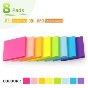 Sticky Notes 3x3 inch Bright Colors Self-Stick Pads 8 Pads/Pack 85 Sheets/Pad Total 680 Sheets