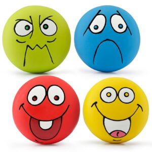 hdsx 4 pack 2.8" smiley face squeaky dog toys soft dog balls latex rubber squeak dog toys for small medium puppy pet dogs (emoji)