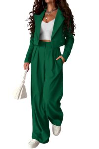 prettygarden women's 2 piece casual outfits cropped blazer jackets high waisted wide leg work pants suit set (green,large)